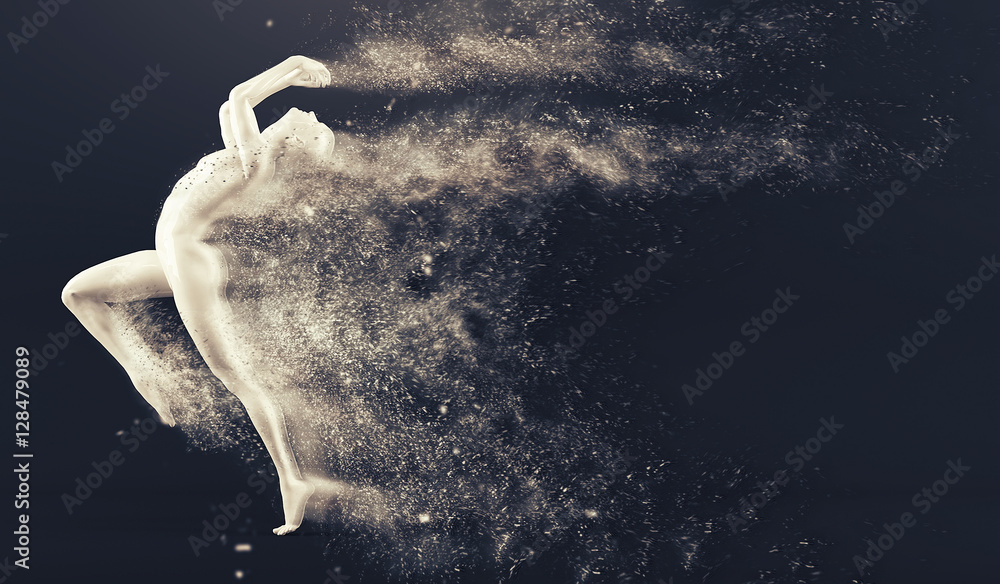 Abstract white plastic human body mannequin with scattering particles ...