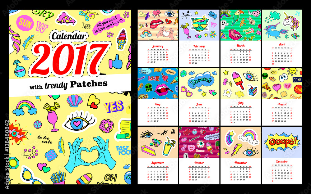 Calendar 2017 In cartoon 80s-90s comic style fashion patches, pins and ...