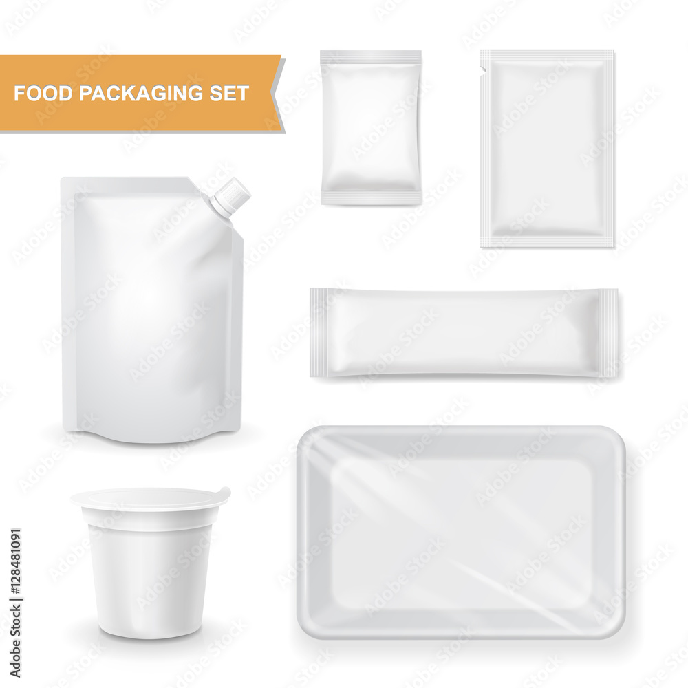 Blank white packaging realistic set for food, snack pack template ...