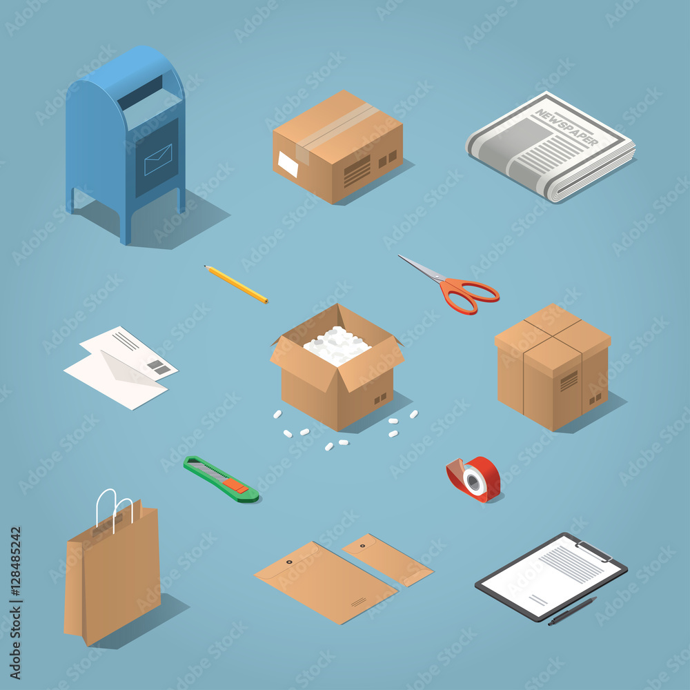 Isometric vector postal delivery objects set. Illustration of mailbox ...