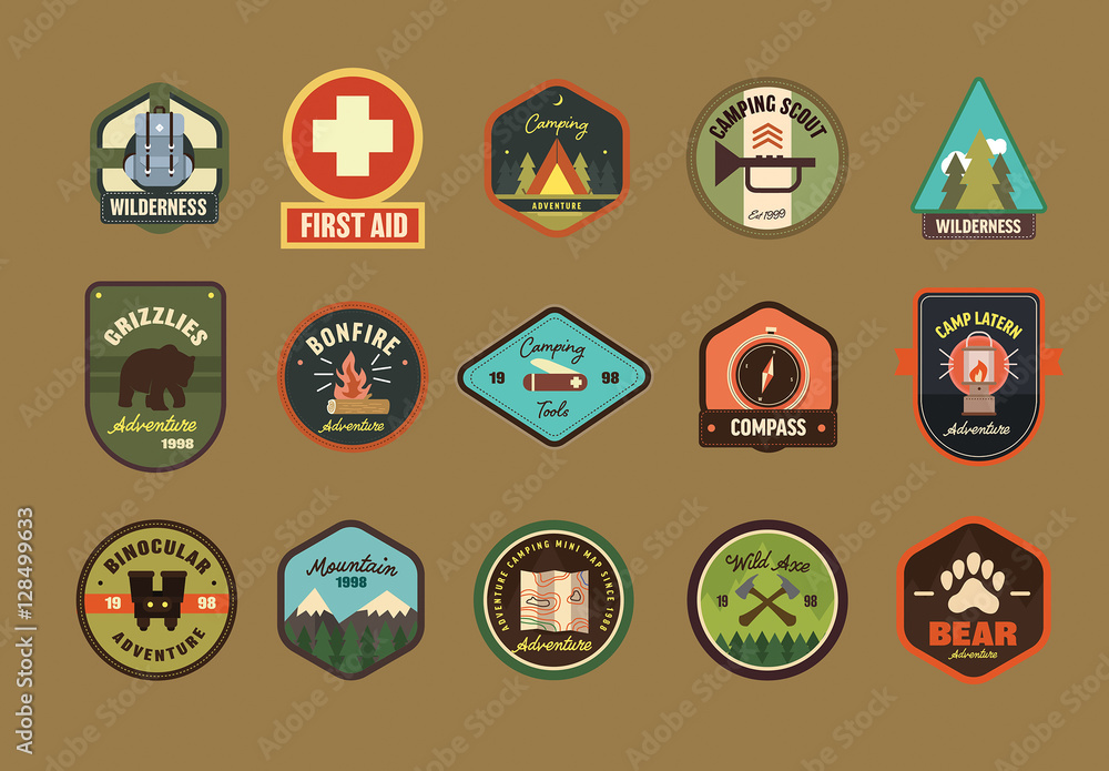 Wilderness and Camping Badges Layout Stock Template | Adobe Stock