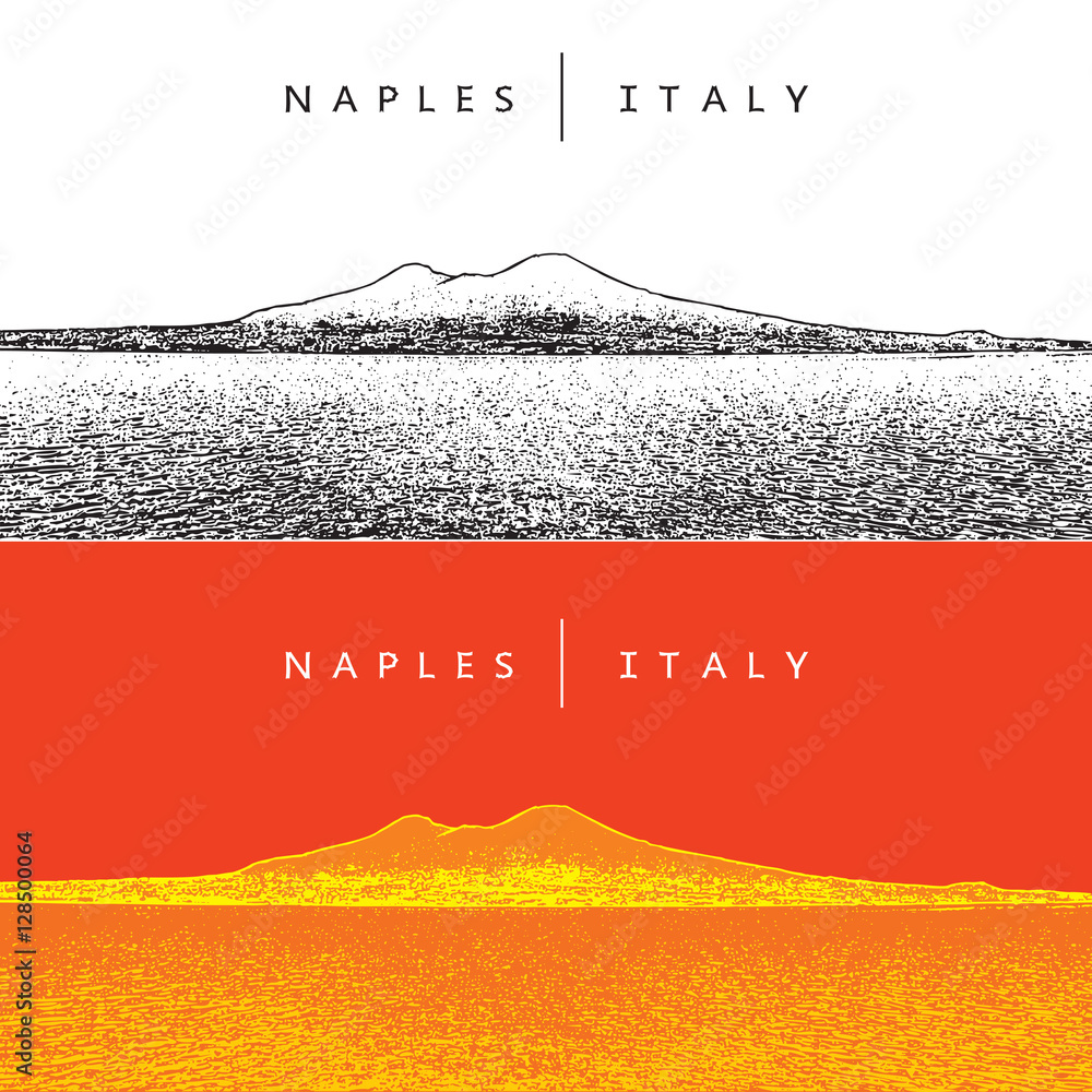 Naples, Italy. Panoramic view and volcano Vesuvius. Vector illustration ...