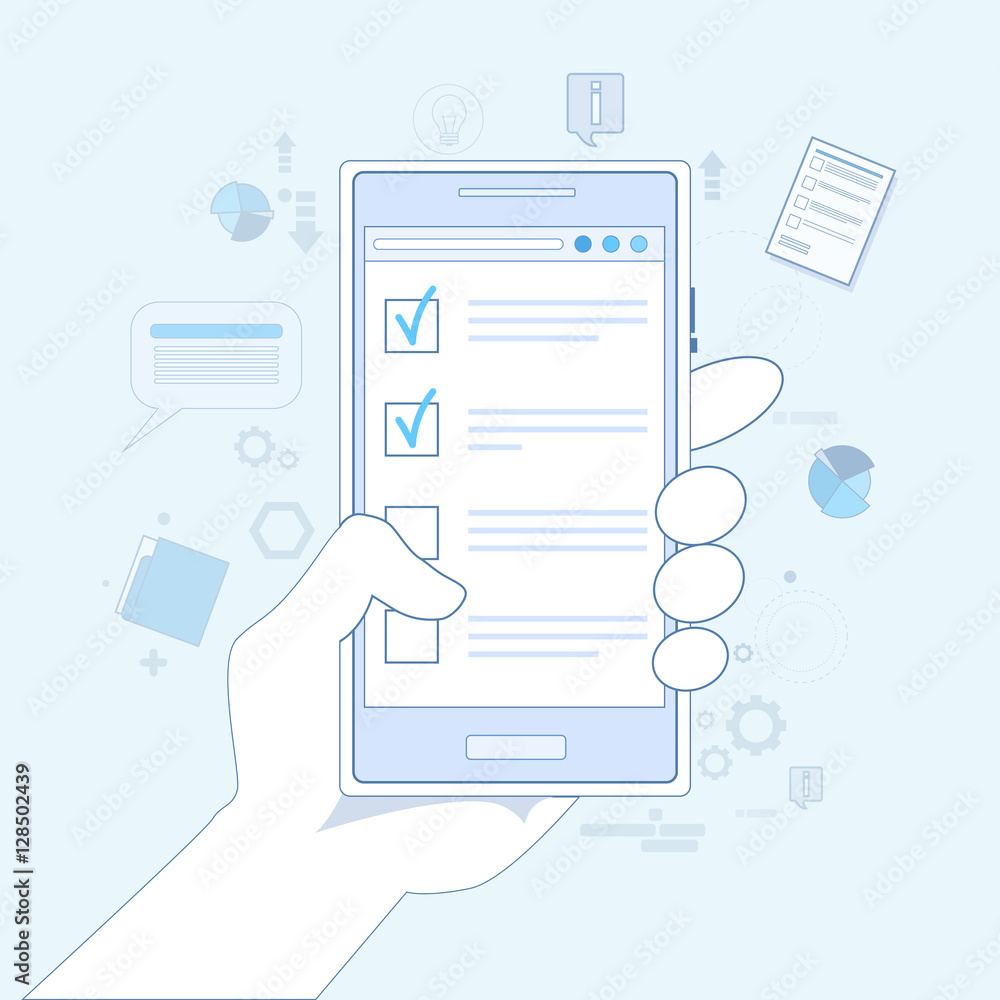 Mobile Cell Smart Phone Call Hand Hold Check List Thin Line Vector ...