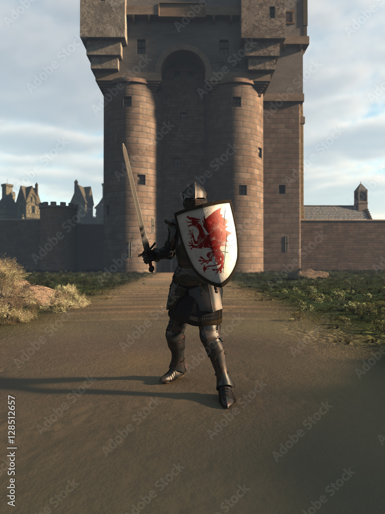 Medieval Knight Defending the Castle Gate - fantasy illustration Stock ...