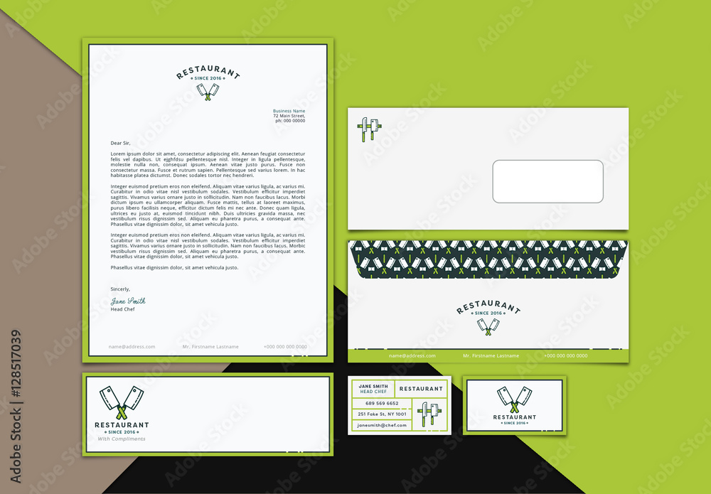 Restaurant Branding Stationery Layout Kit Stock Template | Adobe Stock