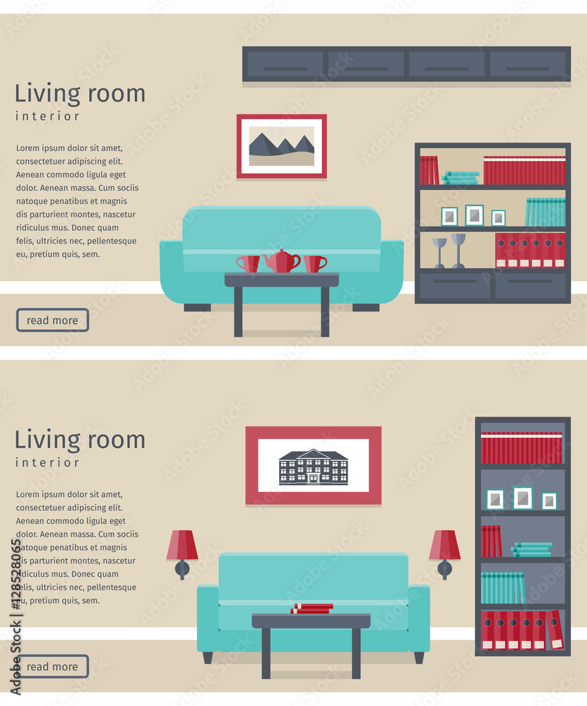 Two banners of living room in flat design. Modern interior with ...