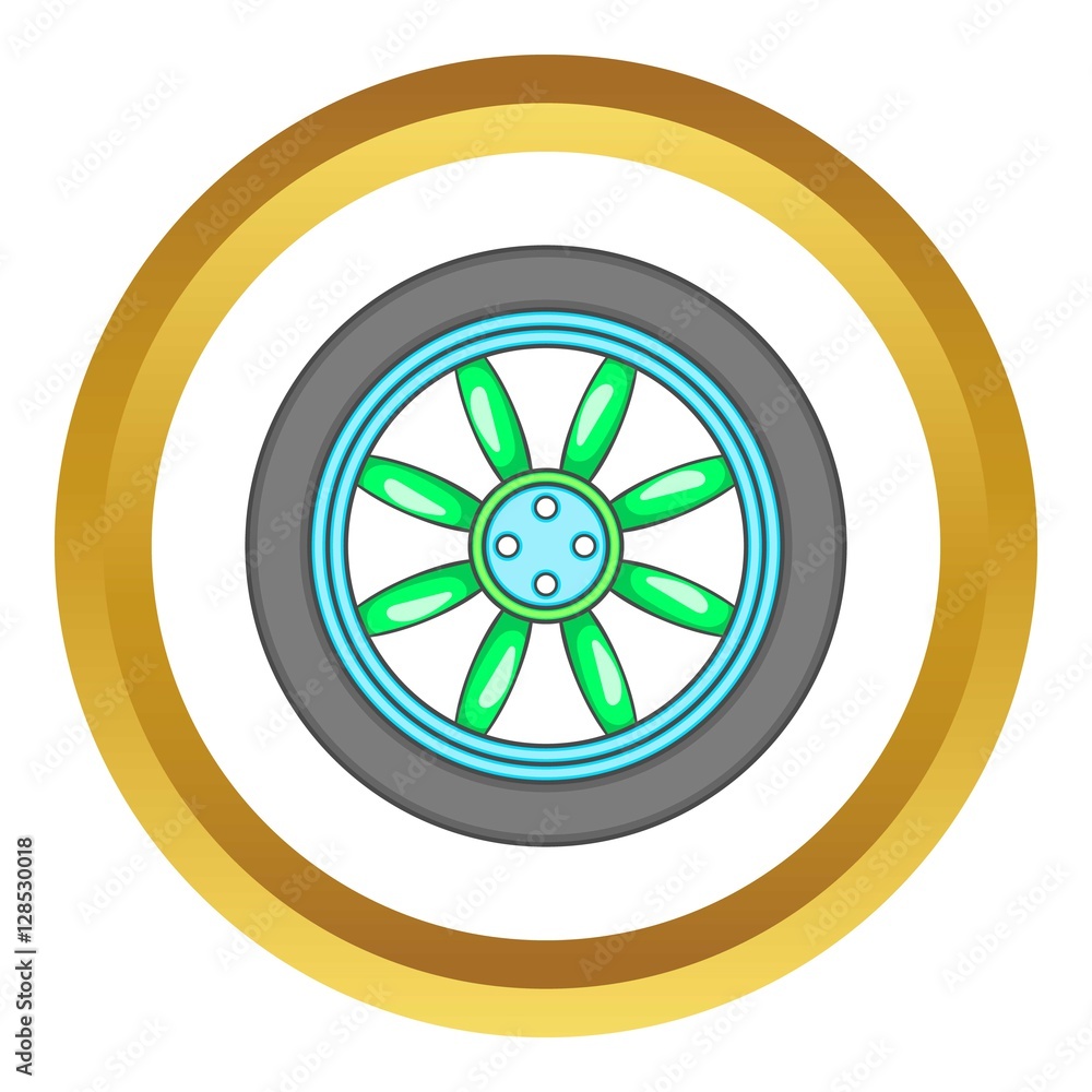 Car wheel vector icon in golden circle, cartoon style isolated on white ...