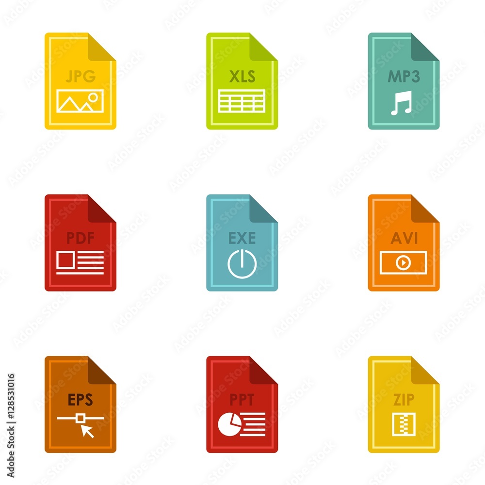 Types of files icons set. Flat illustration of 9 types of files vector ...