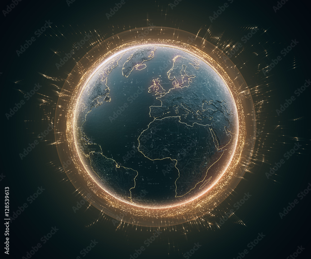3d illustration of detailed virtual planet Earth with glow and orange ...
