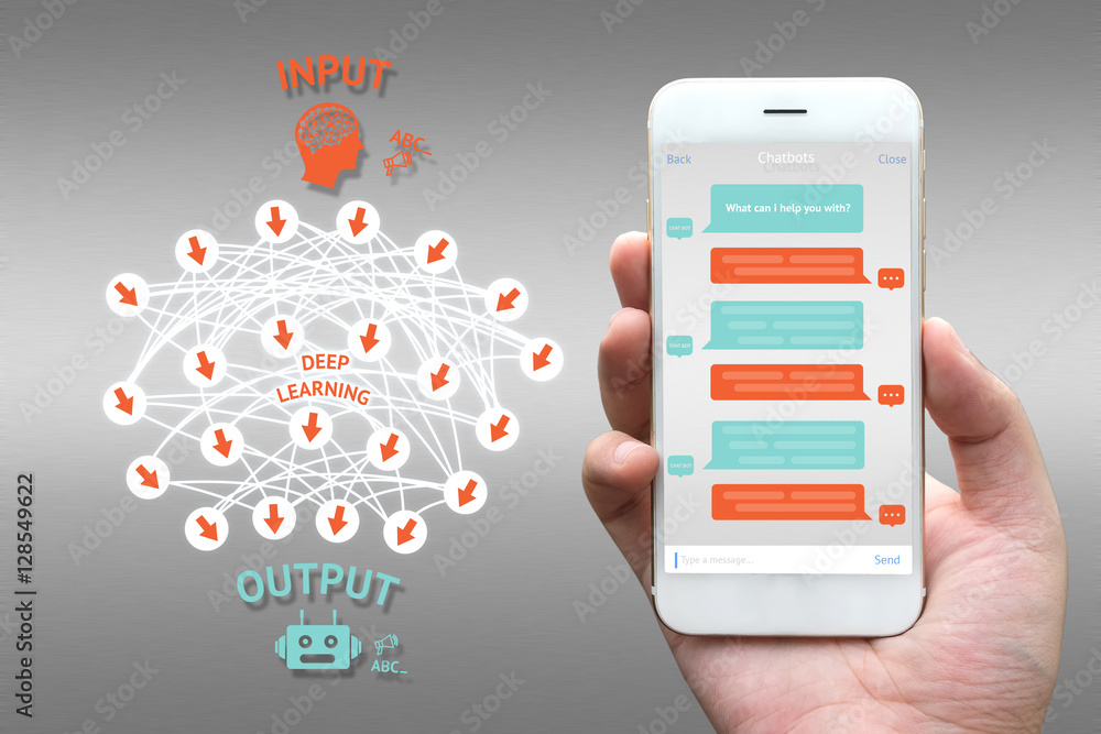 Chat bot , deep learning and future marketing concept. Businessman hand ...