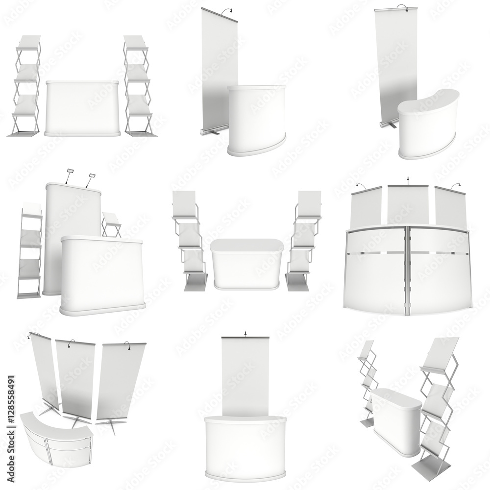 Trade show booth set. Roll-Up, Pop-Up with Reception Desk. 3d render ...