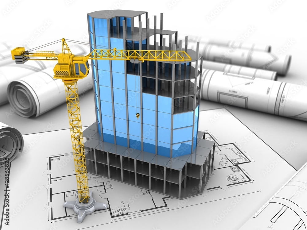 3d illustration of city building over house plan background with crane ...
