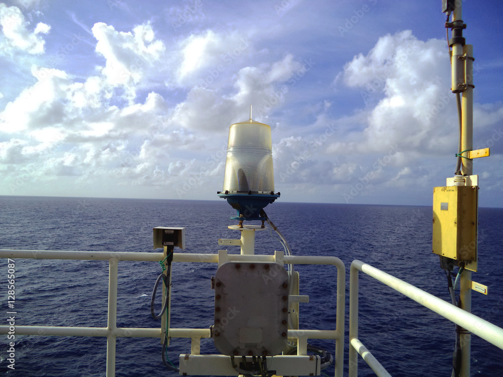 Navigation lights on the oil & gas offshore wellhead platform. Stock ...