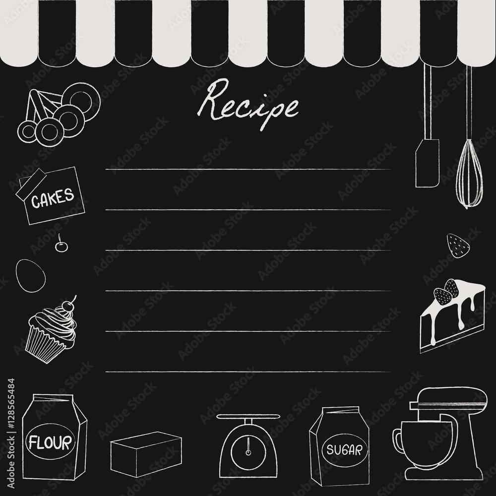 Chalkboard of bakery recipe template decorated with ingredients and ...