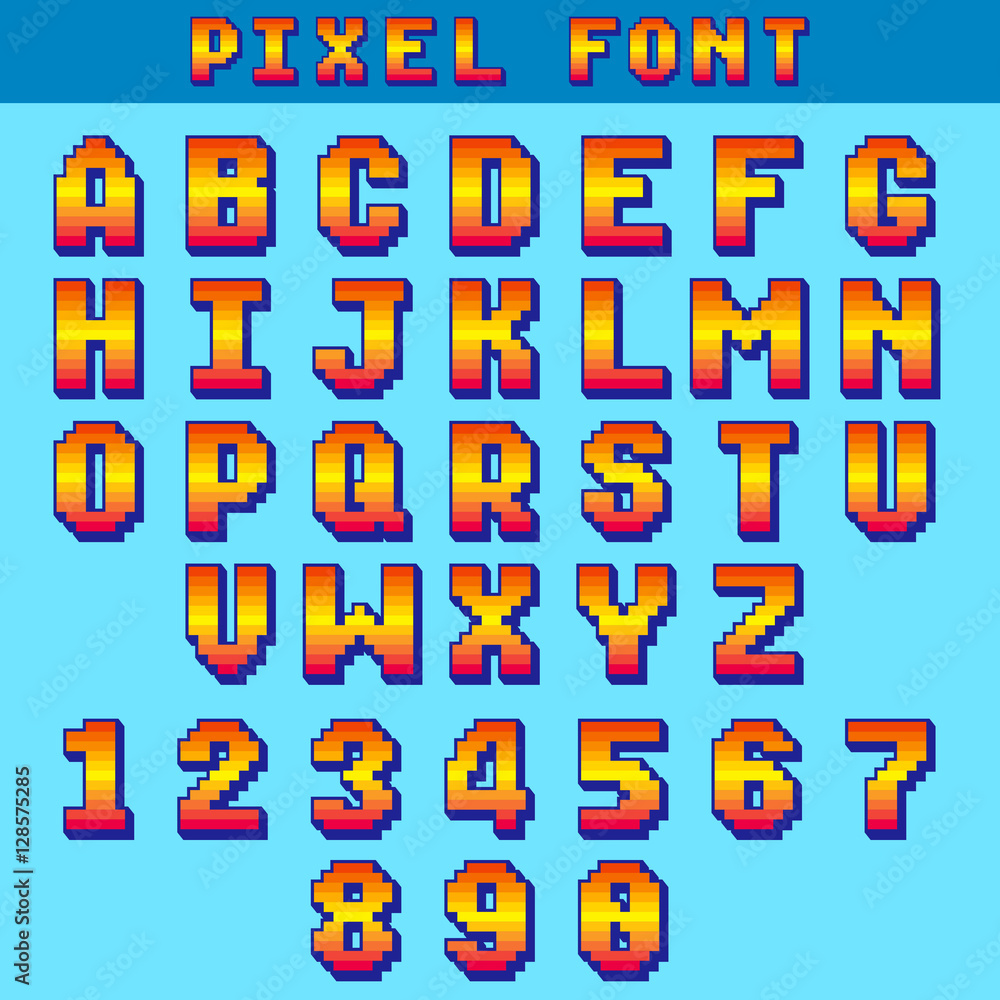 Pixel 8 bit letters and numbers vector game font, digital alphabet ...