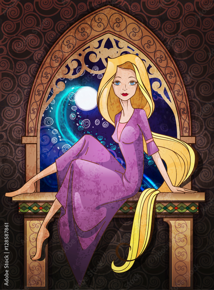 Rapunzel fairy tale character siiting in front of the window Stock ...