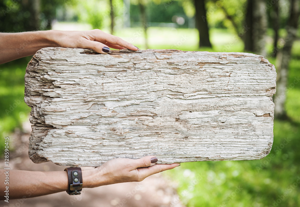 Empty wooden board hold by woman hand. Template mock up Stock Photo ...