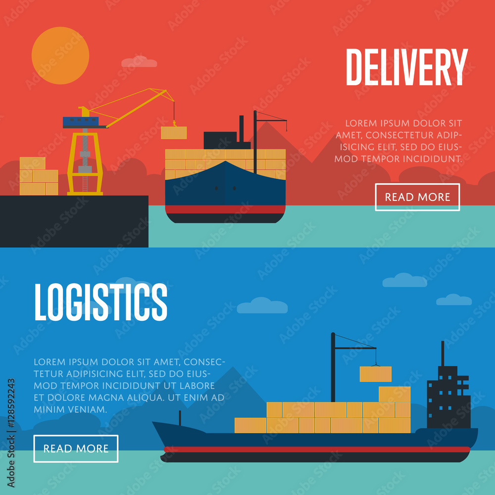 Delivery and logistics banners with cargo ship vector illustration ...