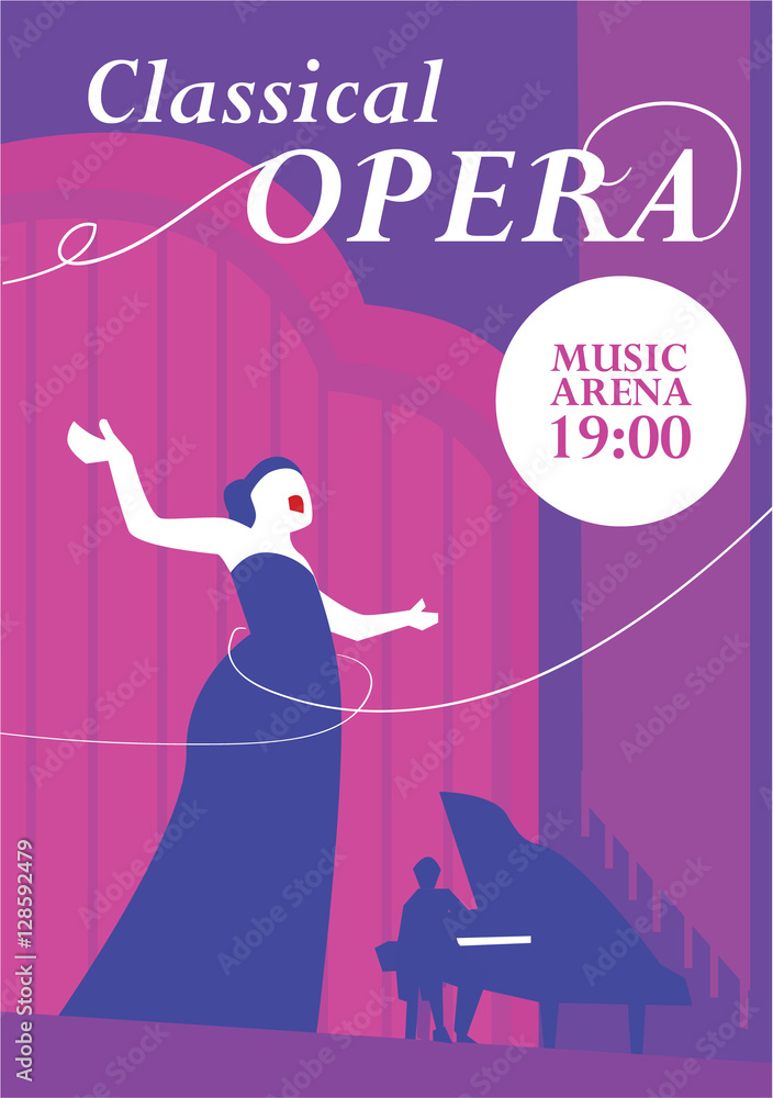 Classical opera poster. Opera singer singing on musical arena stage ...