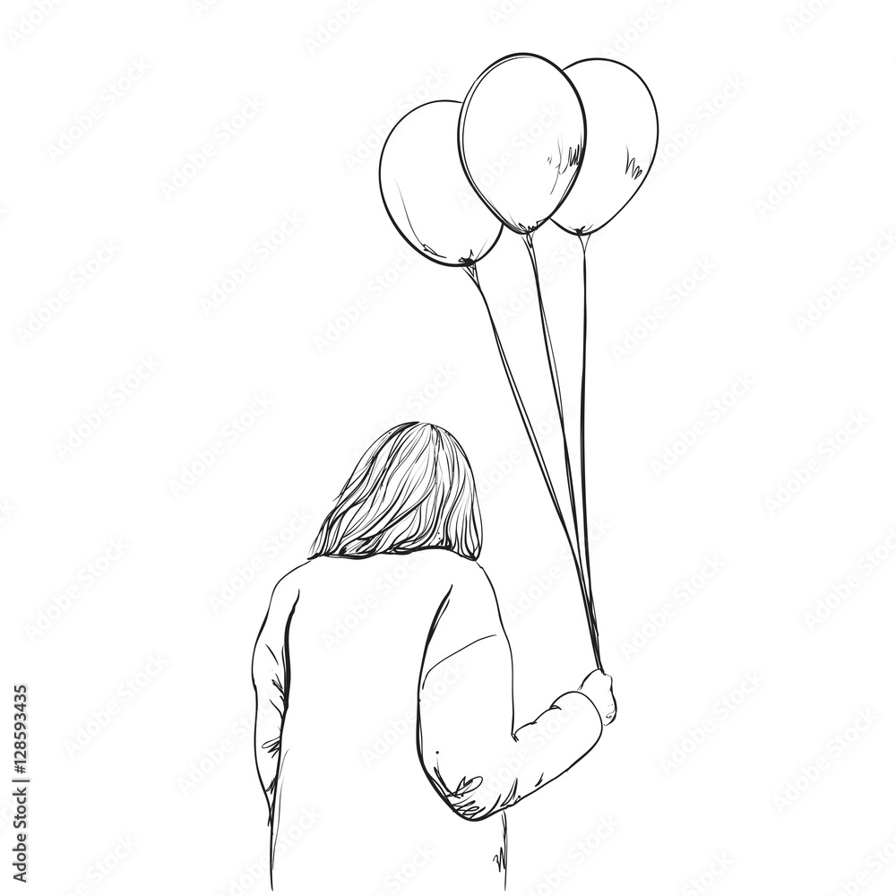 Sketching drawn illustration of a girl standing with balloon in hand ...