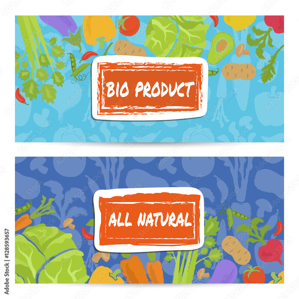 Bio product horizontal flyers set vector illustration. Natural ...