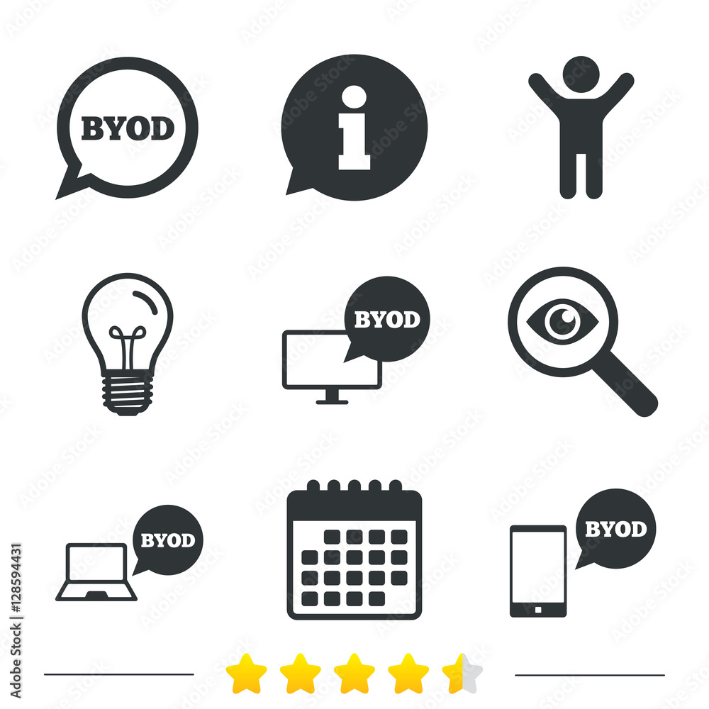 BYOD icons. Notebook and smartphone signs. Speech bubble symbol ...