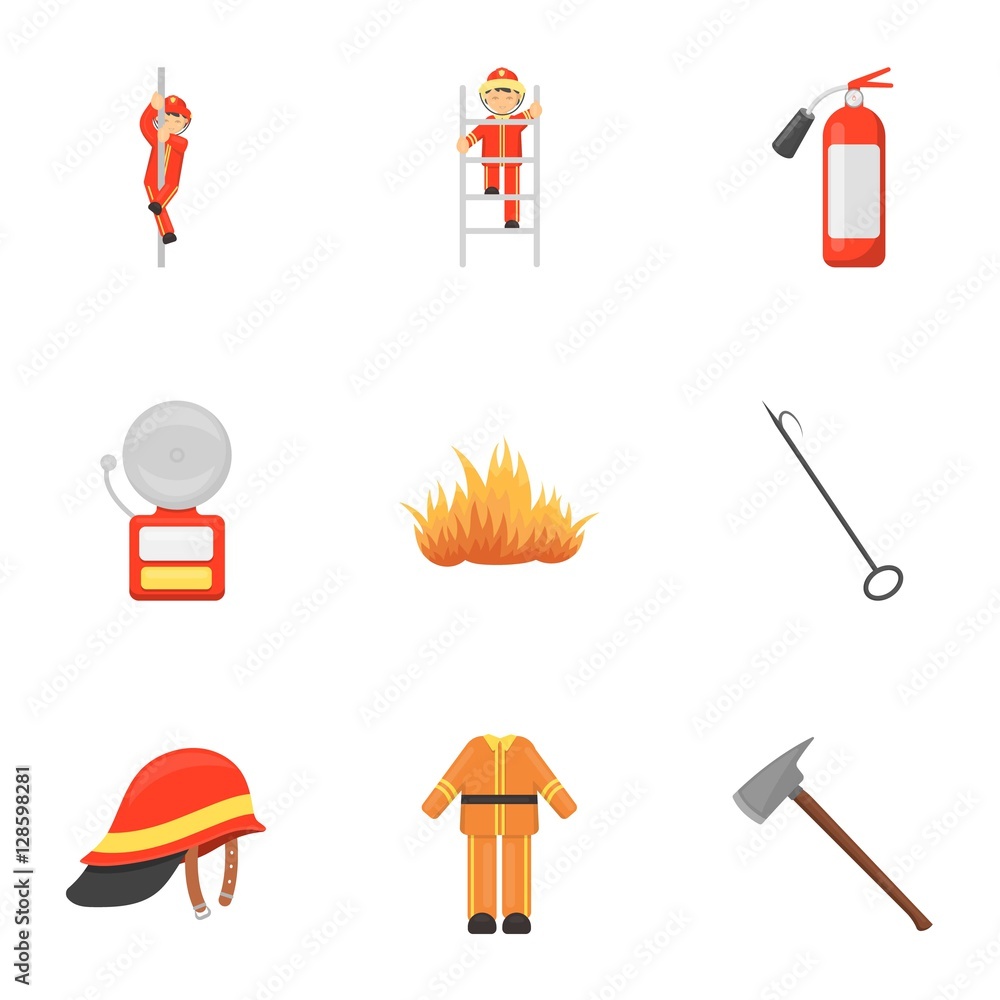 Fire department set icons in cartoon style. Big collection of fire ...