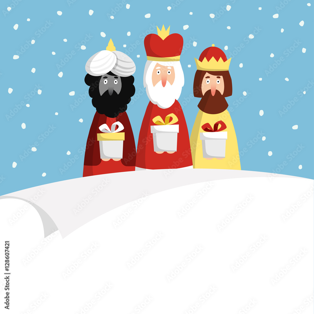 Christmas greeting card, invitation with three magi. Biblical kings ...