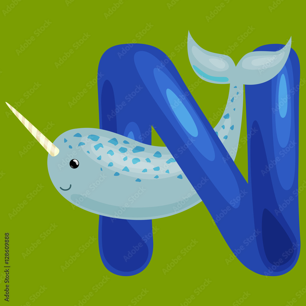 letter N with animal narwhal for kids abc education in preschool. Stock ...