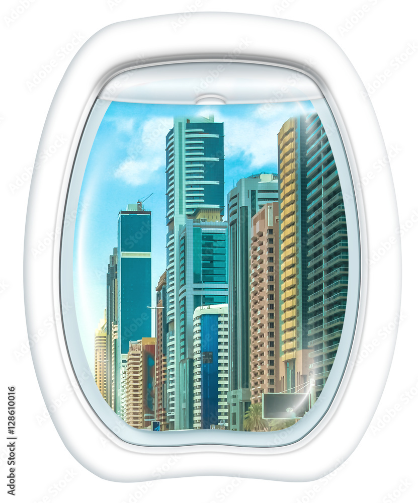 Plane window on Sheikh Zayed Road, highway E 11 in Dubai, United Arab ...