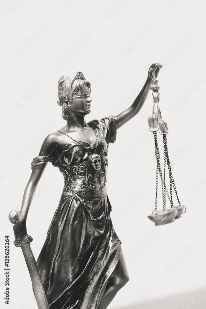 Black and white image of Lady Justice, statuette of the Themis goddess ...
