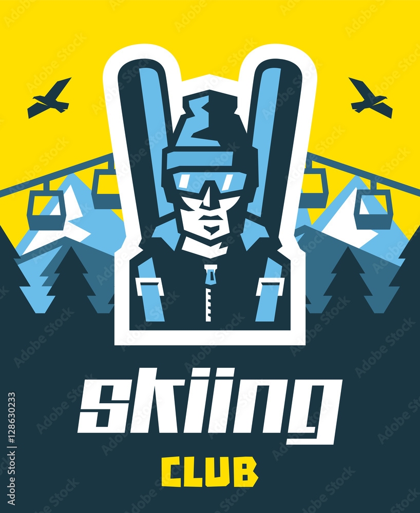 Skiing club. Logo skier in glasses, hat, backpack, skis. Against the ...
