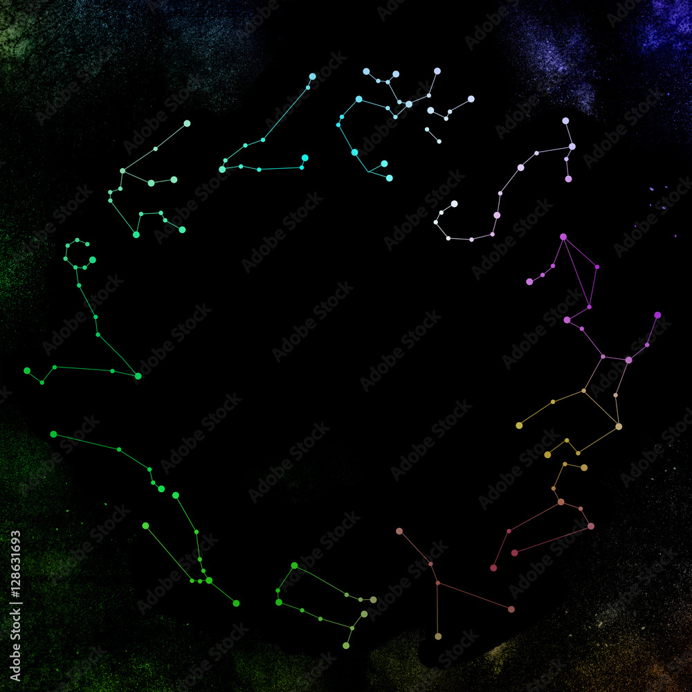 Signs of the zodiac on an abstract interstellar space background, wire ...