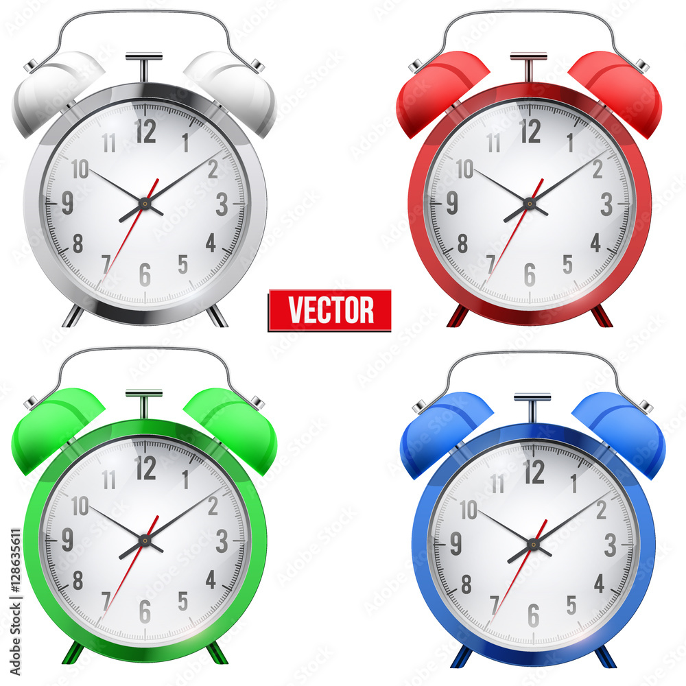 Set of Traditional alarm clocks. Different color. Classic design gloss ...