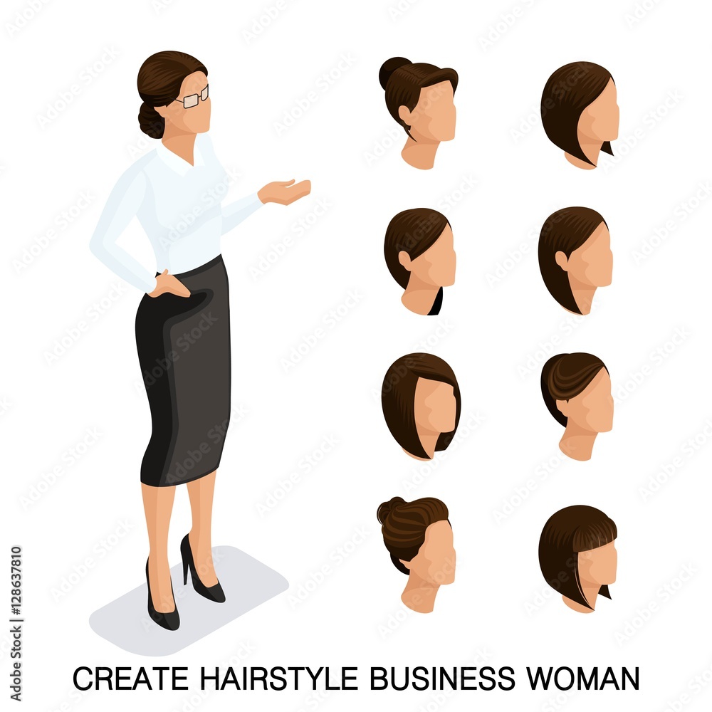 Trendy isometric set 2, women's hairstyles. Young business woman ...
