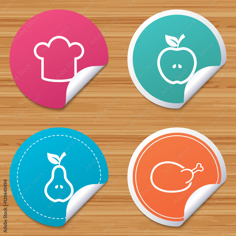 Round stickers or website banners. Food icons. Apple and Pear fruits ...