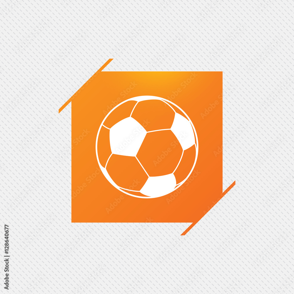 Football ball sign icon. Soccer Sport symbol. Orange square label on ...