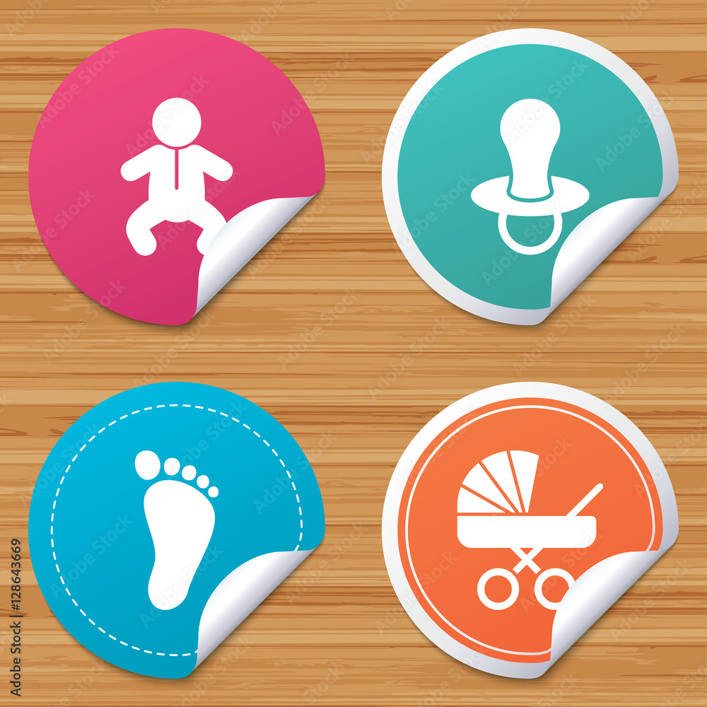 Round stickers or website banners. Baby infants icons. Toddler boy with ...