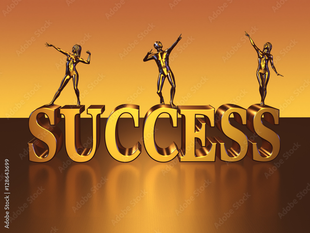 Gold Success Message Poster with Three Heroic Figures Posing Stock ...