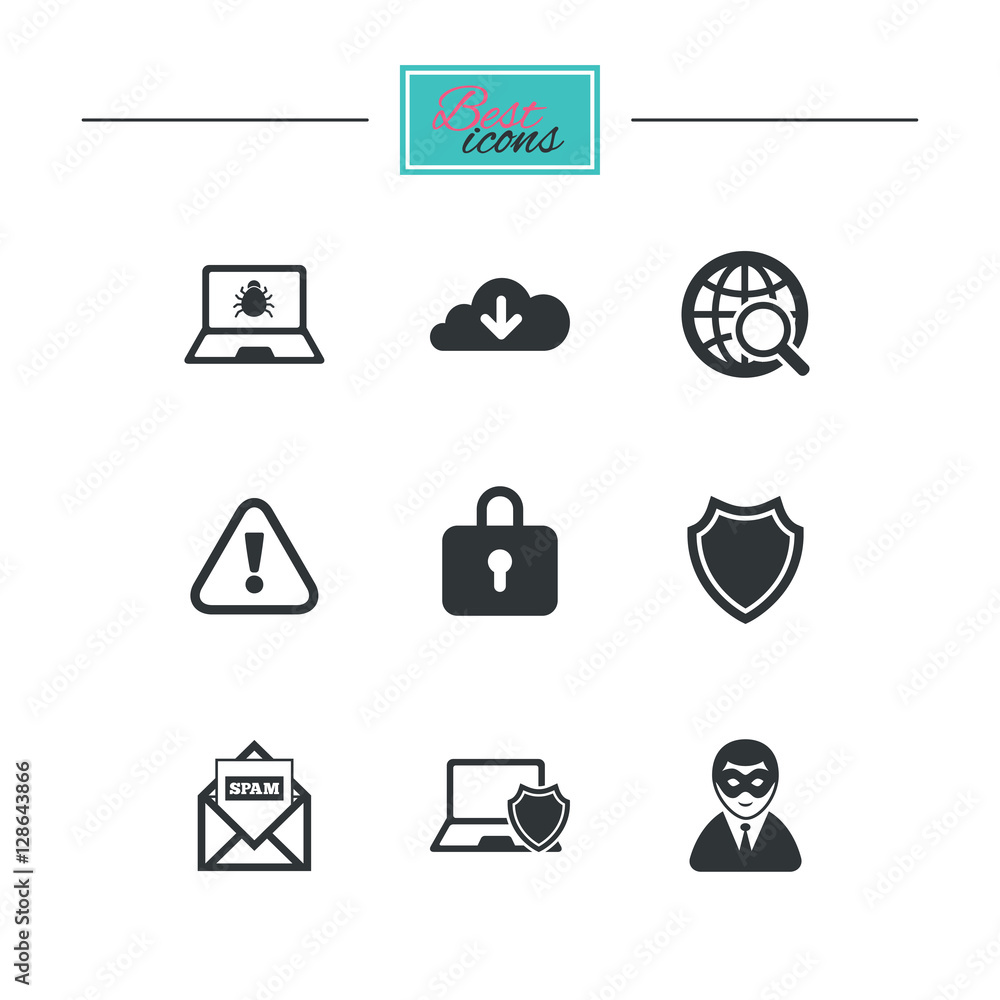 Internet privacy icons. Cyber crime signs. Virus, spam e-mail and ...