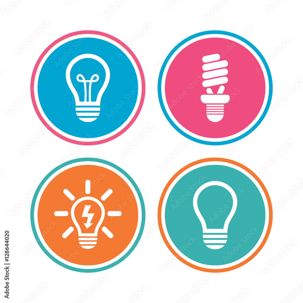 Light lamp icons. Fluorescent lamp bulb symbols. Energy saving. Idea ...