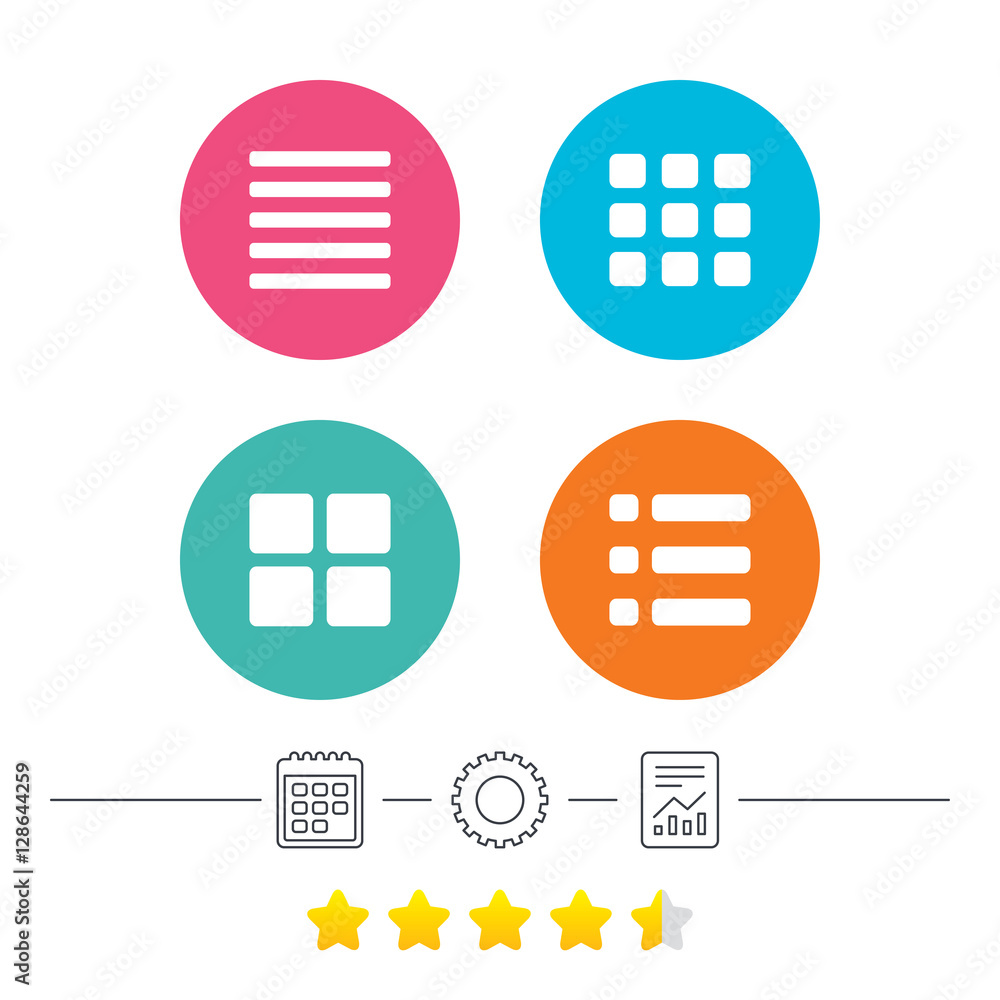 List menu icons. Content view options symbols. Thumbnails grid or ...