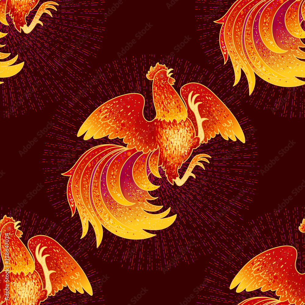 2017, the Year of the Fire Rooster in Chinese Horoscope. Red and gold ...