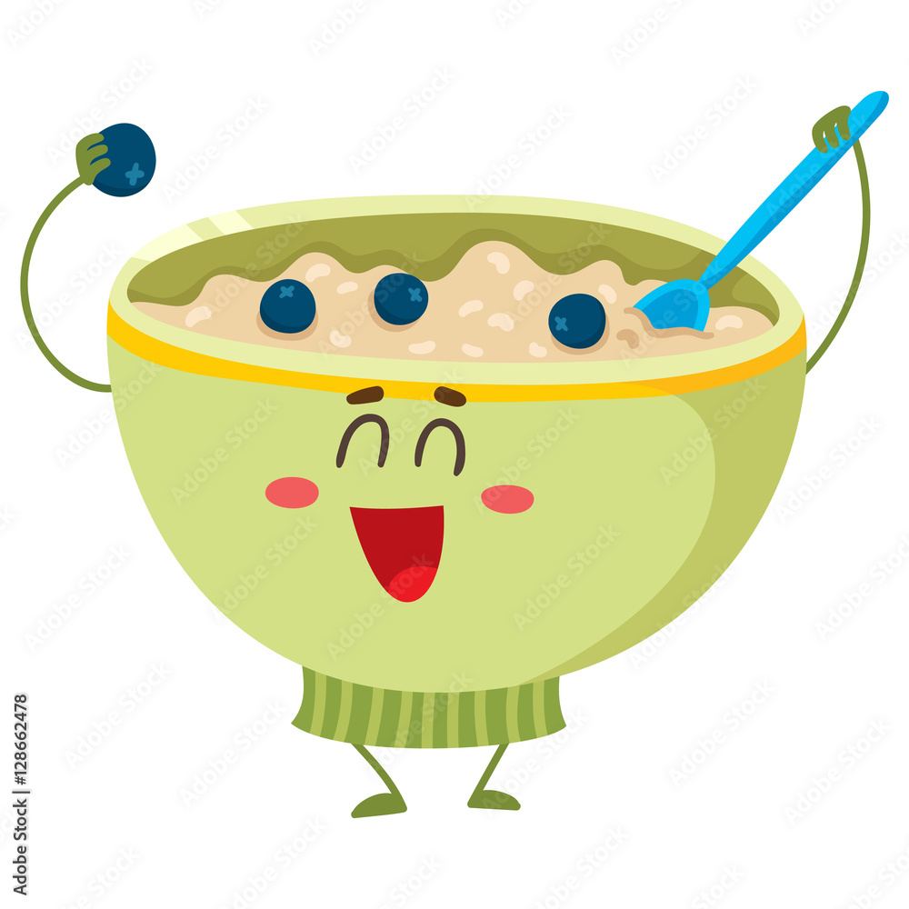 Cute and funny bowl of cereal, corn flakes, oatmeal porridge character ...