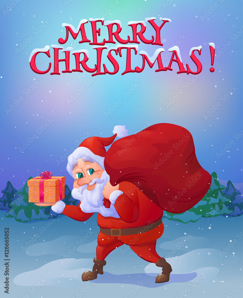 Santa claus sneaking with a gift in his hand and carrying sack of gifts ...