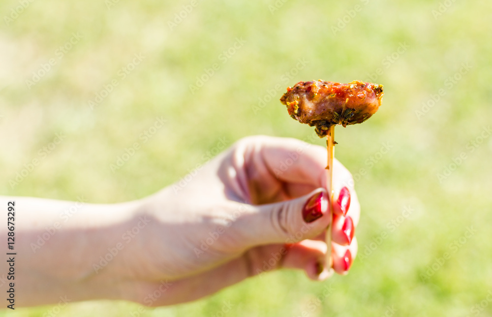Mini chorizo sausage on a stick with chimichurri sauce Stock Photo ...