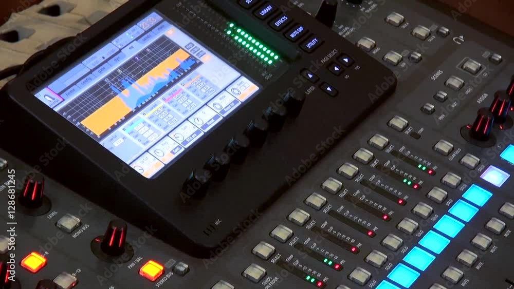 Audio signal real time analyzer on the mixer console monitor Stock ...