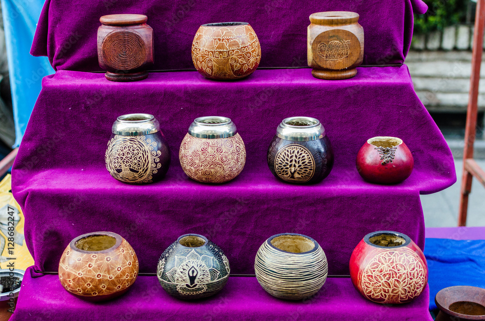 Traditional calabash gourds for drinking Argentina yerba mate tea at a ...