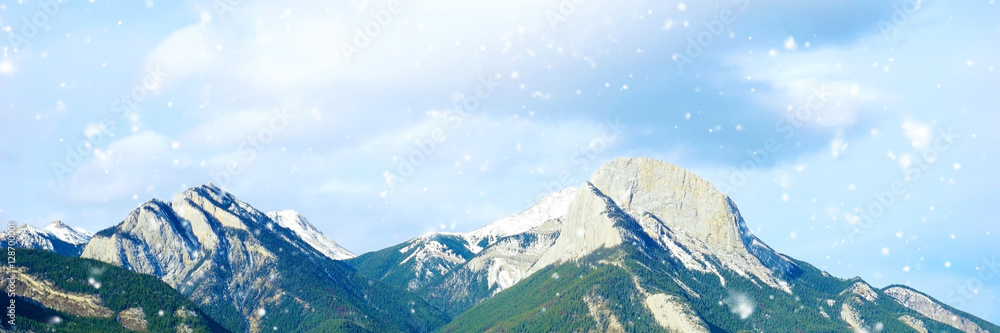 mountain snow on top with snow falling effect for background or Stock ...