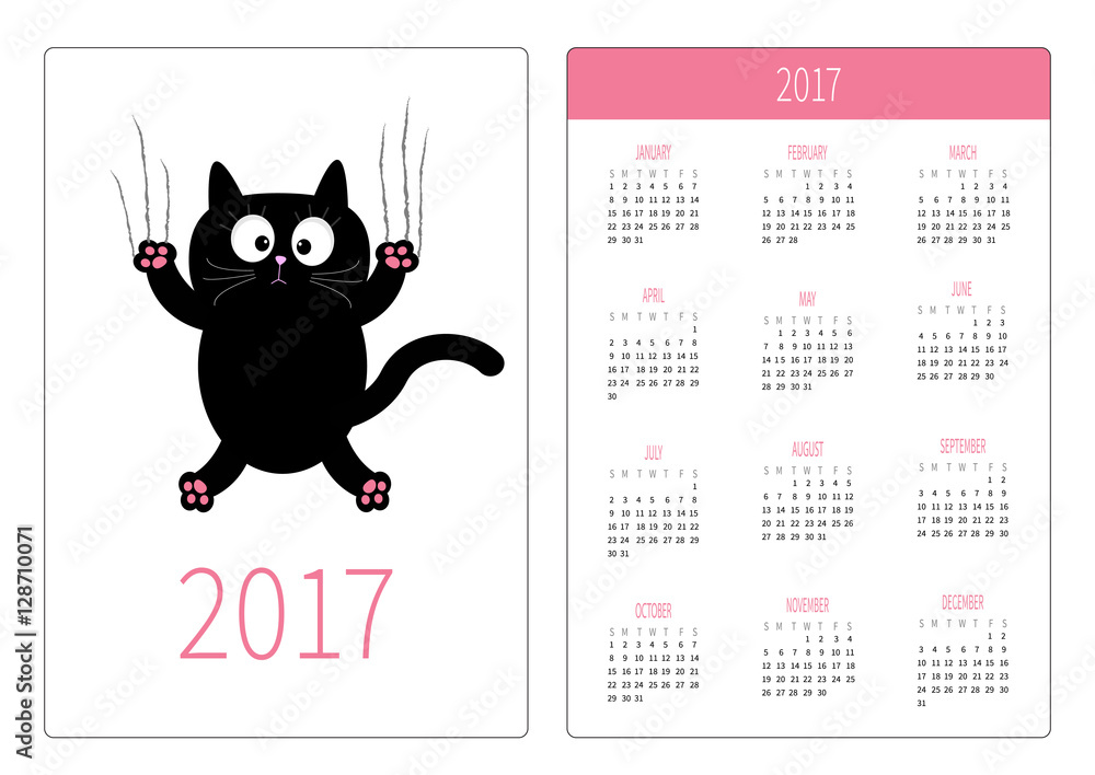 Pocket calendar 2017 year. Week starts Sunday. Flat design Vertical ...